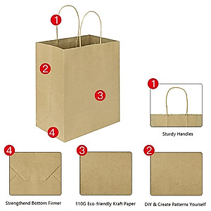 Oikss 100 Pack 8x4.75x10 inch Medium Plain Natural Paper Bags with Handles Bulk, Kraft Bags for Birthday Party Favors Grocery Retail Shopping Business Goody Craft Gift Bags Sacks (Brown 100 PCS Count)