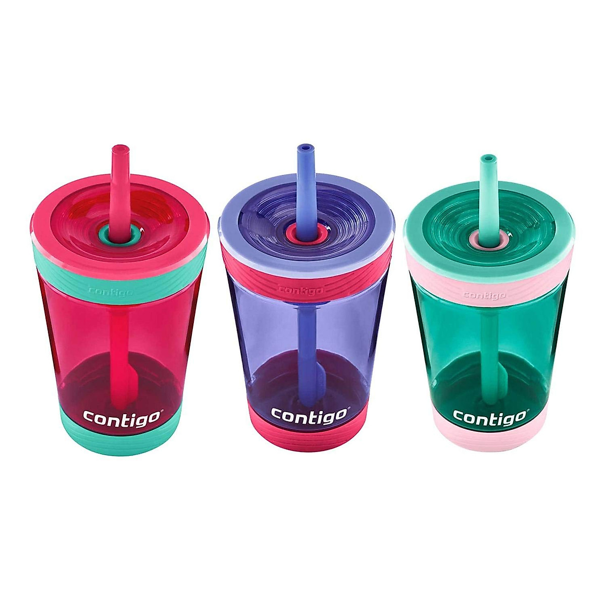 Contigo Kids Spill Proof Tumbler w/Straw & Soft Grip Bottom Pad - BPA Free, Durable Tritan, Spill-Proof Valve -Great for Children, Travel, School - Cherry Blossom, Westeria, Persian Green-14oz, 3 Pack