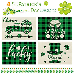 St. Patrick's Day Placemat Buffalo Plaid Place Mats for Dining Table Shamrock Clover Truck Lucky Blessed Charm Holiday Rustic Washable Table Mat for St. Patrick's Day Party Home Decorations Supplies