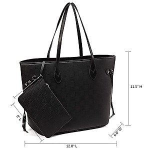 Daisy Rose Tote Shoulder Travel Bag & Matching Clutch PU Vegan Leather - Black Check