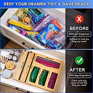 VOLAYOO Drawer organizer for Ziplock Bags and Foil, Organize Your Kitchen Drawer with a Storage Bag Organizer for Ziplock Bags, Foil, Plastic Wrap, 7 in 1 Zip Lock Bamboo Bag organizer for Brawer & Bandwich Bag Holder