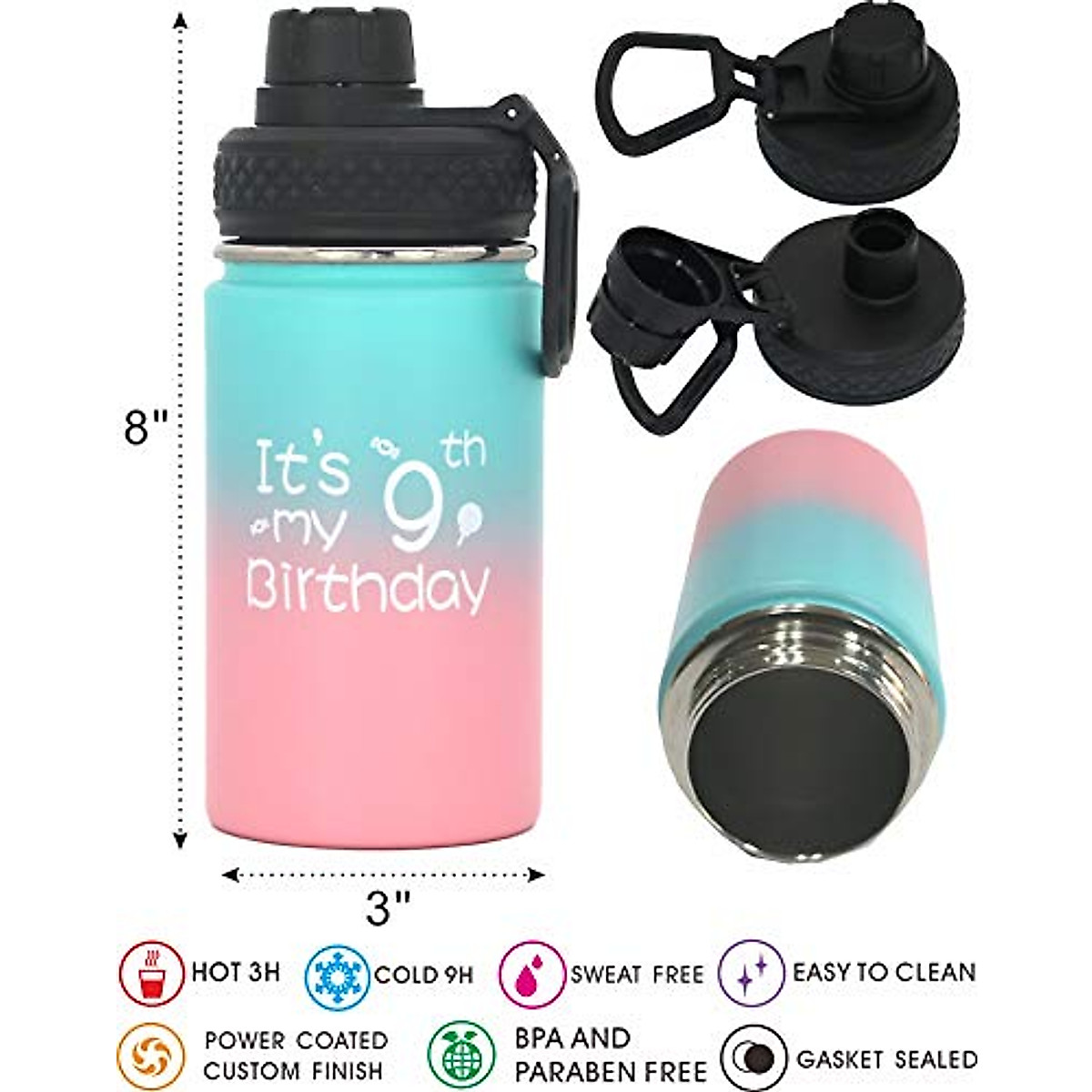 VeryMerryMakering 9th Birthday Gifts, 9th Bday Gifts, 9th Birthday Water Bottle, 9 Birthday Ideas, Birthday Gift for 9 Year Old, Kids 9 Yrs Old Gifts, Happy 9th Birthday, Its My 9th Birthday