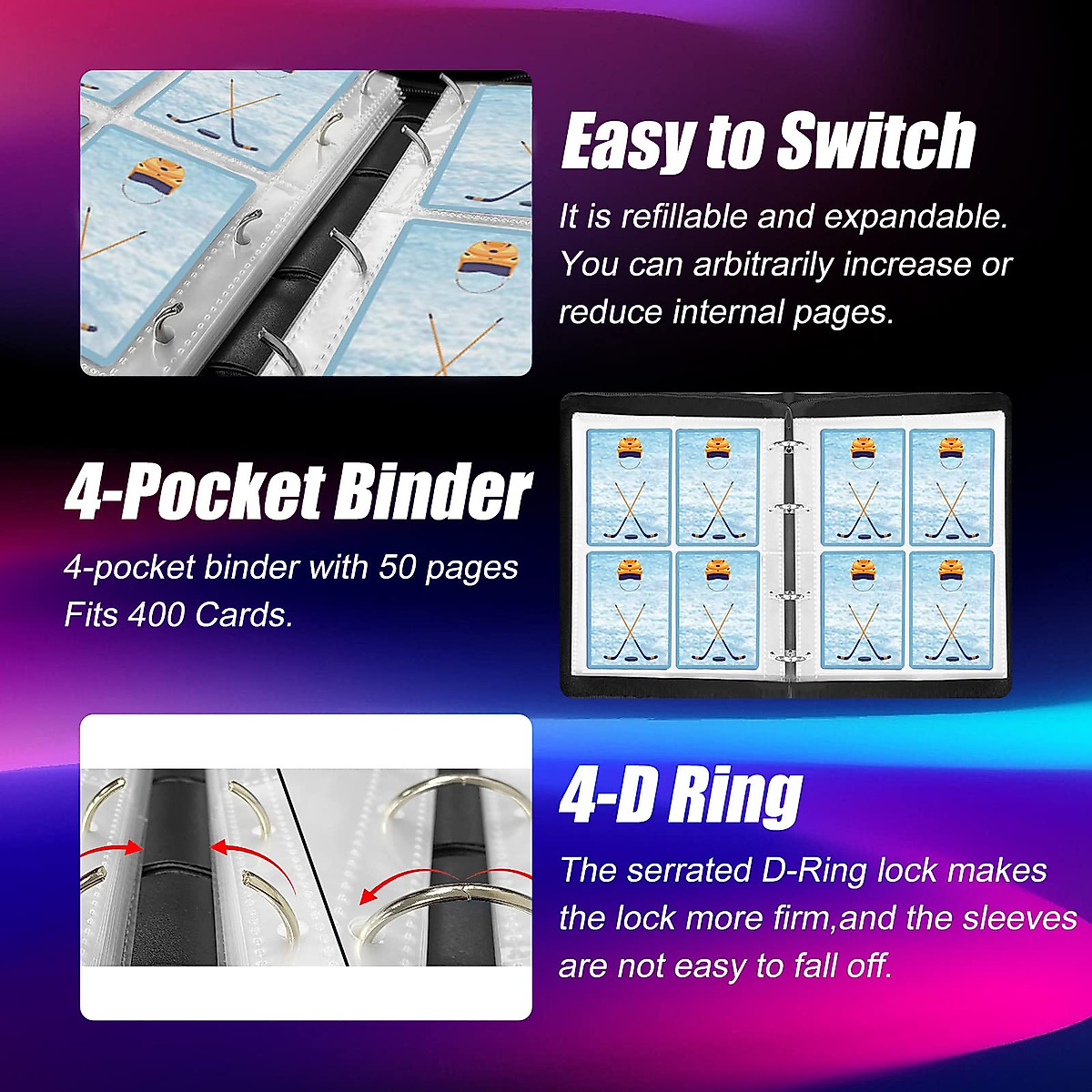 Hockey Card Binder,4-Pocket Cards Holder,Trading Card Binder Fits 400 Cards With 50 Removable Double Sided Sleeves,Portable Cards Album Case for Sports Cards Collection