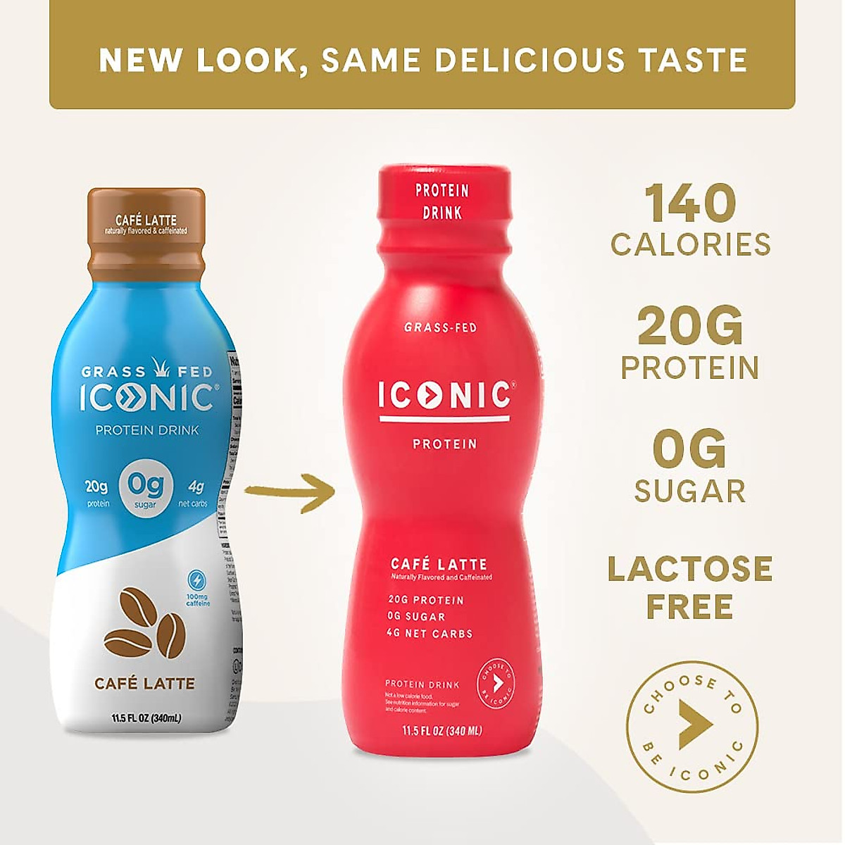 Iconic Protein Drinks, Café Latte (12 Pack) - Sugar Free & Low Carb - 20g Protein + 100mg Caffeine - Lactose Free, Gluten Free - Keto Friendly Protein Coffee