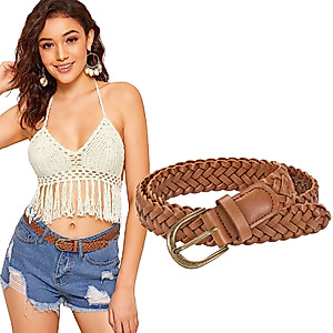 WHIPPY Women Braided Belt Skinny Casual Soft Faux Leather Woven Belt for Jeans Pants,Brown,S