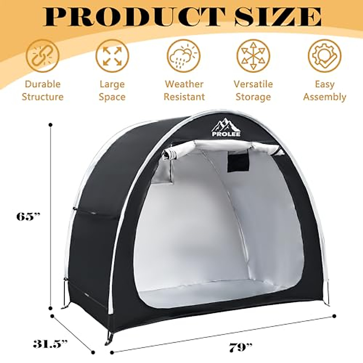 PROLEE Bike Shed 6.6FT, Waterproof Oxford Fabric Storage Tent for 2 Bikes, Outdoor Storage with Window Design, Black