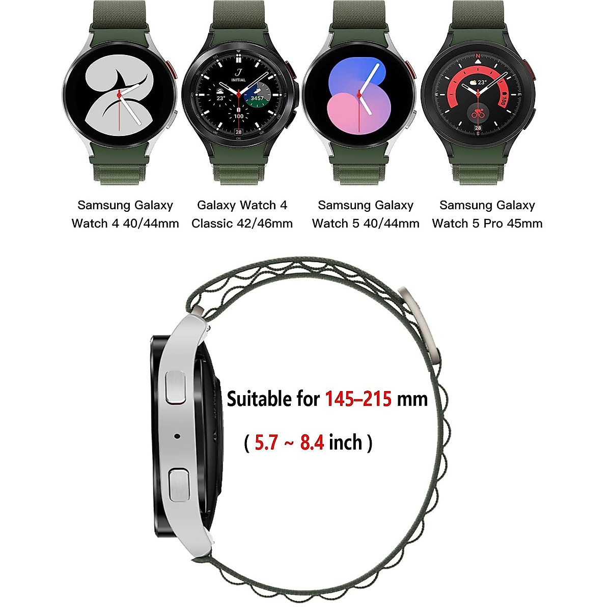 Alpine Loop Nylon Bands for Samsung Galaxy Watch 6/5/4 40mm 44mm Band/6 Classic 43mm 47mm Band/5 Pro Band 45mm/4 Classic 42mm 46mm Band, with Titanium G-Hook Men Women(Army Green + Orange)