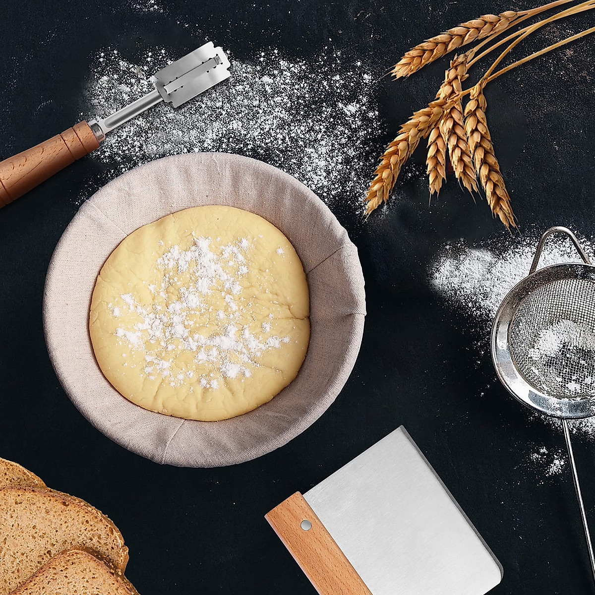 AIxibu Banneton Bread Proofing Basket Set of 2,10-inch Round and 8-inch Oval Sourdough Proofing Baskets - Complete Bread Making Kit for Home Bakers