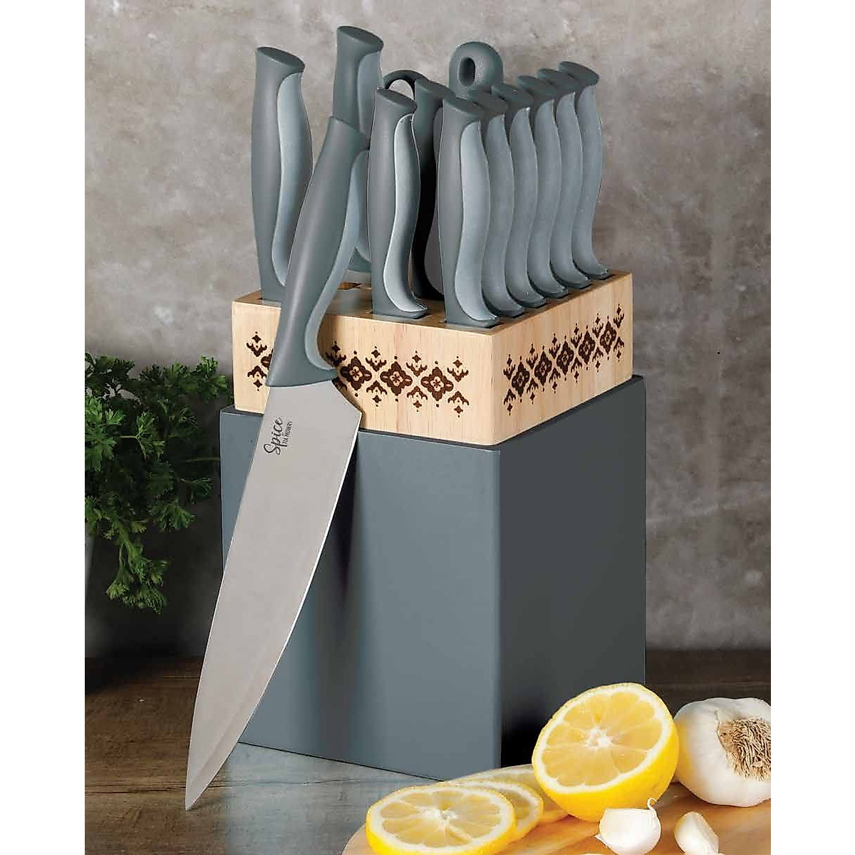 Spice by Tia Mowry Savory Saffron 14 Piece Cutlery Knife Block Set - Gray