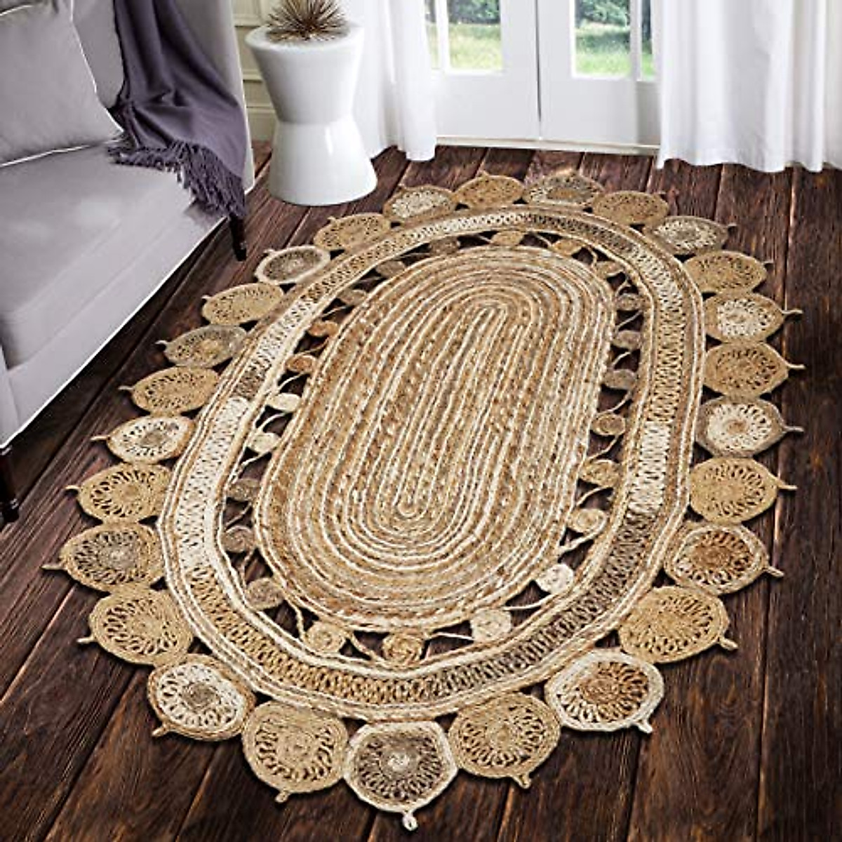 LR Home Natural Jute Area Rug 5'7" Oval Bleach Gray
