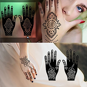 QSTOHENA Pack of 12 Henna Temporary Tattoo Stencil Kit - 145Pcs Glitter Airbrush Tattoo Sticker Indian Arabian Black Henna Tattoo Temp for Women Kids