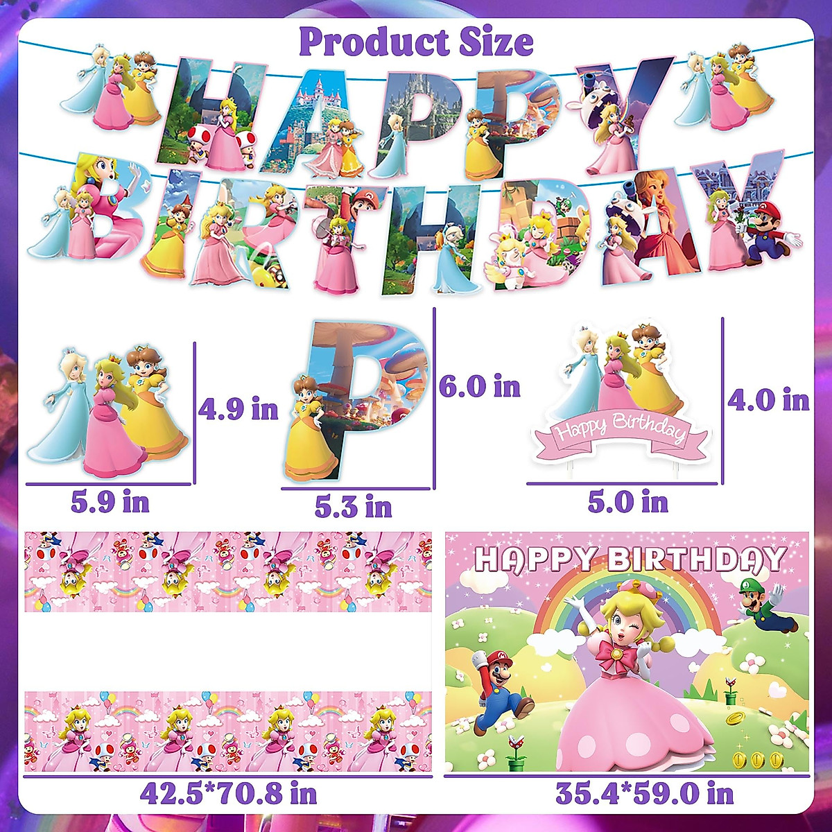Princess Peach Birthday Party Supplies, Princess Peach Party Favors, Princess Peach Party Decorations Include Banners, Backdrop, Hanging Swirls, Balloons, Cake Decoration, Cupcake Toppers, Tablecloth