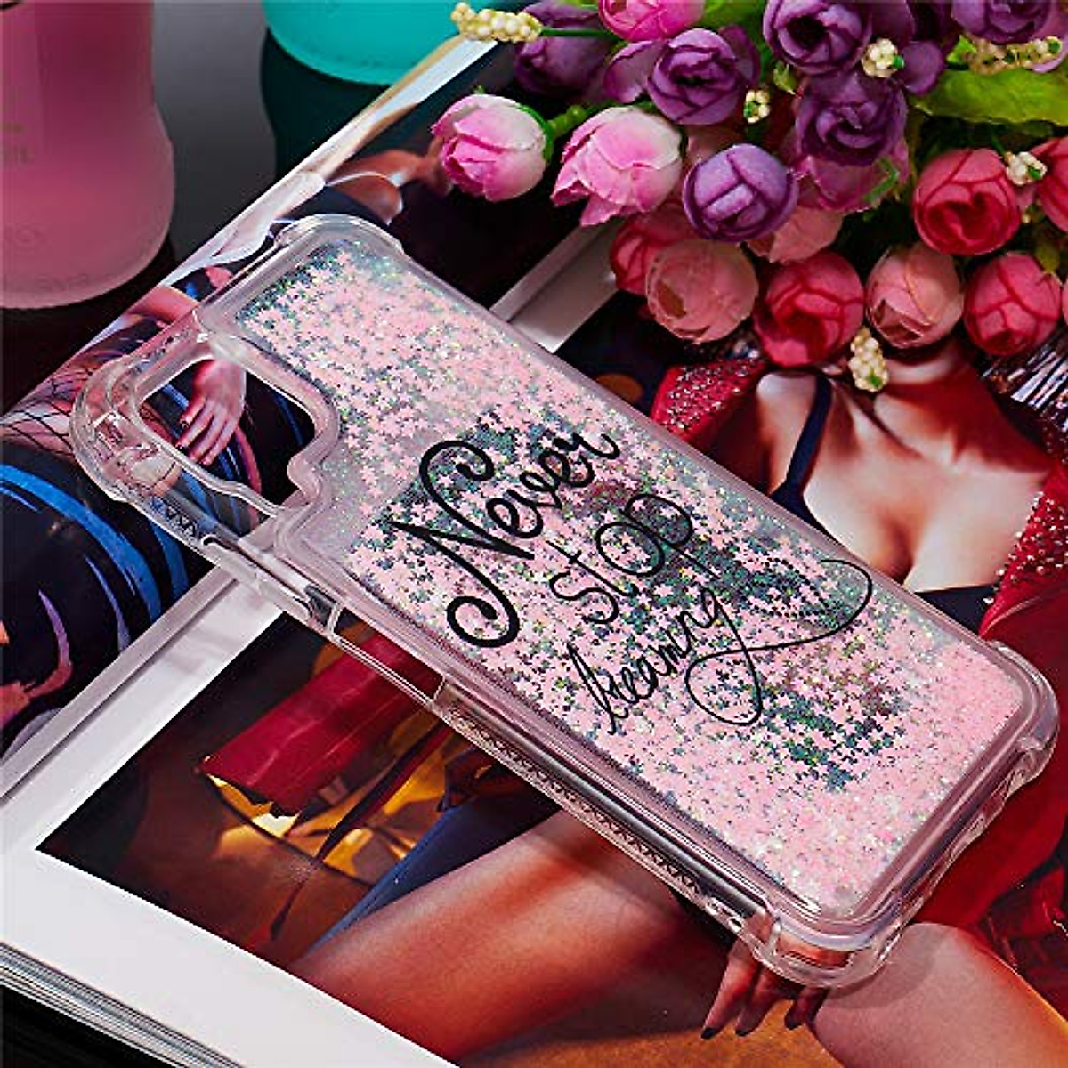 Asdsinfor Huawei P40 Lite Case Fashion Shiny Transparent Soft TPU Creative Cartoon Cute Quicksand with Shiny Flowing Liquid Cover for Huawei P40 Lite Never Stop YB-LS