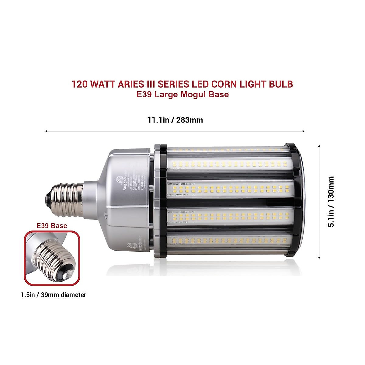 120 Watt LED Corn Bulb - Aries III Series - 16,400 Lumens - 5000K - E39 Large Mogul Base - Built-in 6KV Surge - Dimmable - DLC 5.1
