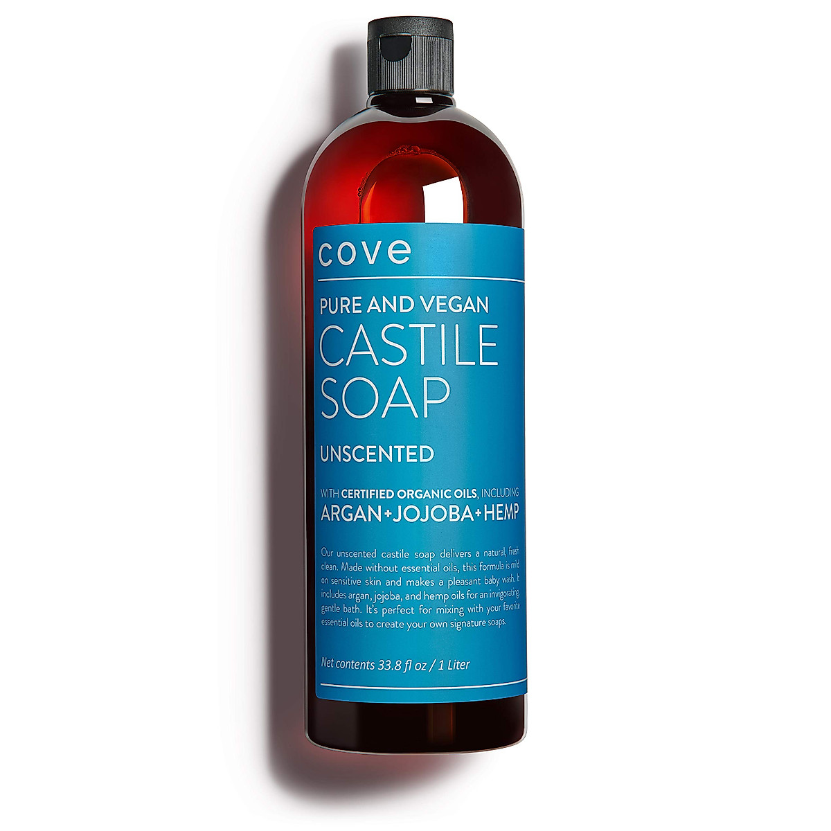 Cove Castile Soap Unscented - 1 Liter / 33.8 fl oz - Organic Argan, Jojoba, and Hemp Oils