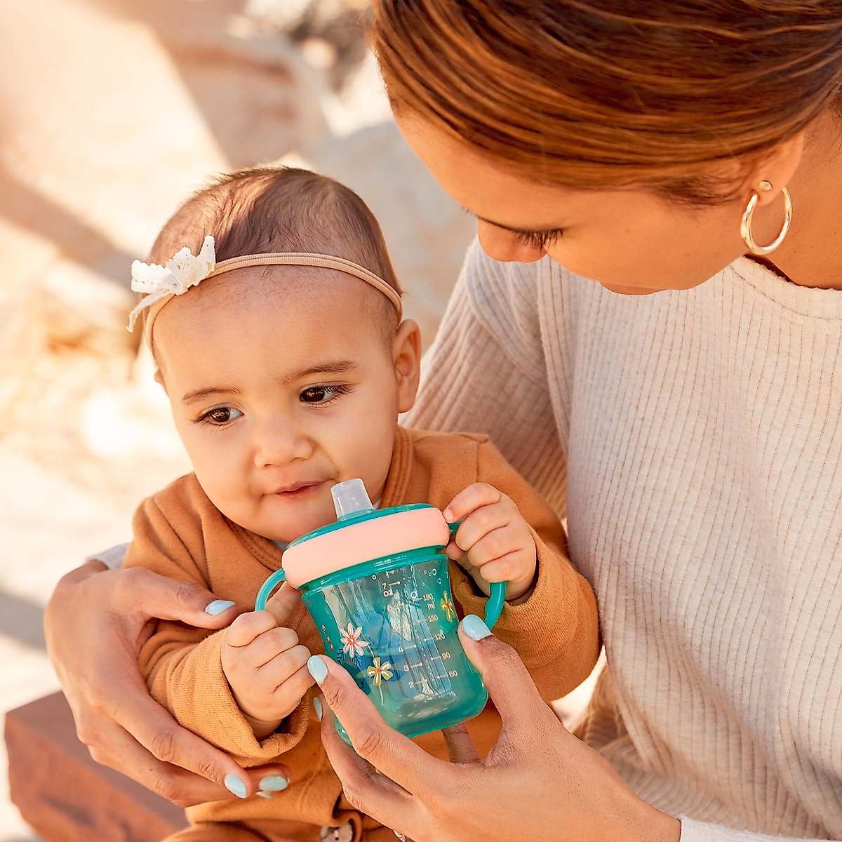 The First Years - Soft Spout Sippy Cup - Toddler Trainer Cup for 6+ Months -with Handles and Leak Proof Lid - 7 Oz - Floral Ladybug Print - 2 Count