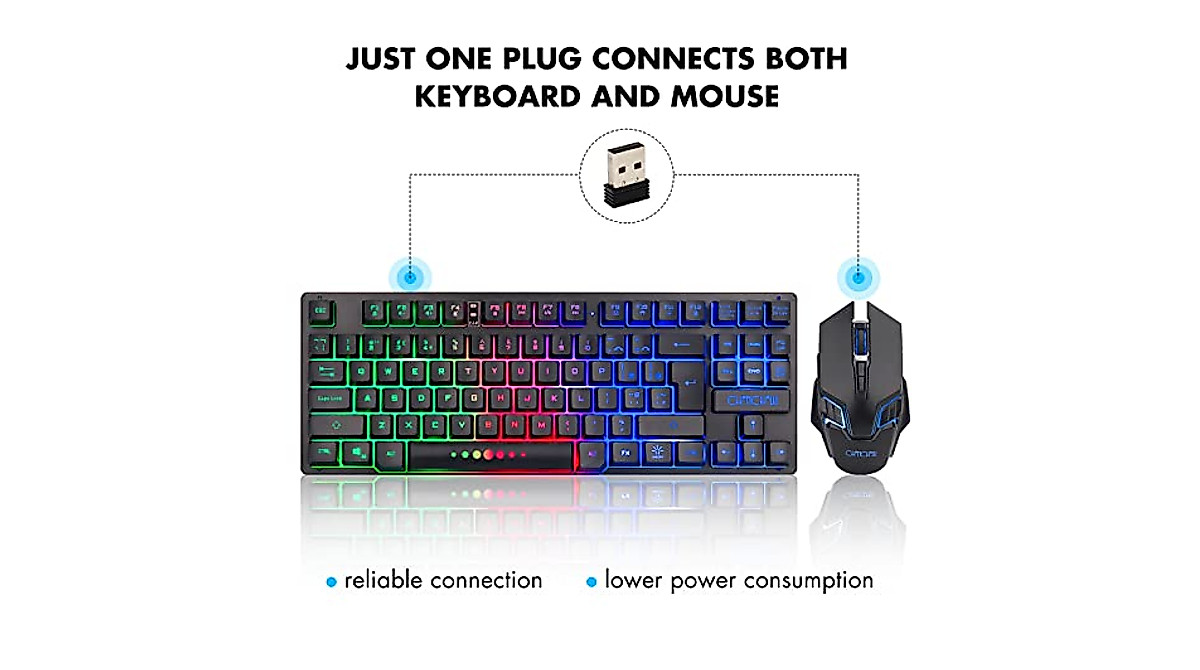 Gaming Wireless TKL Keyboard Mouse Combo - Rechargeable & LED