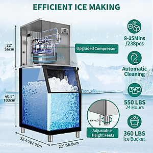 YITAHOME Commercial Ice Maker Machine 550LBS/24H with 360 LBS Storage Bin, Industrial Ice Machine with Ice Scoop & Bucket, Stainless Steel Industrial Ice Maker for Restaurant Bar Business Cafe Shop