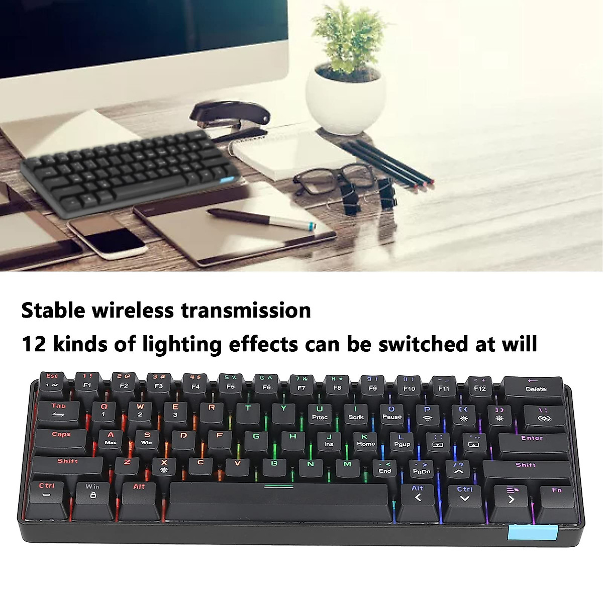 Kafuty-1 STK61 PBT Wireless Gaming Keyboard, 61 Keys LED Backlight Rechargeable Mechanical Keyboard, USB C Bluetooth Keyboard, for Win 2000/XP/VISTA/7/8/10/Linux/OS X(Black Tea Shaft)