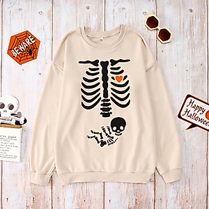 SOFEON Women Halloween Sweatshirt X-Ray Skeleton Maternity Sweatshirt Funny Pregnancy Announcement Crewneck Pullover Tops(Beige,XX-Large)