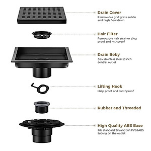 ELLO&ALLO Shower Floor Drain with Flange,Quadrato Pattern Grate Removable 6 Inch Square, SUS 304 Stainless Steel, Matte Black