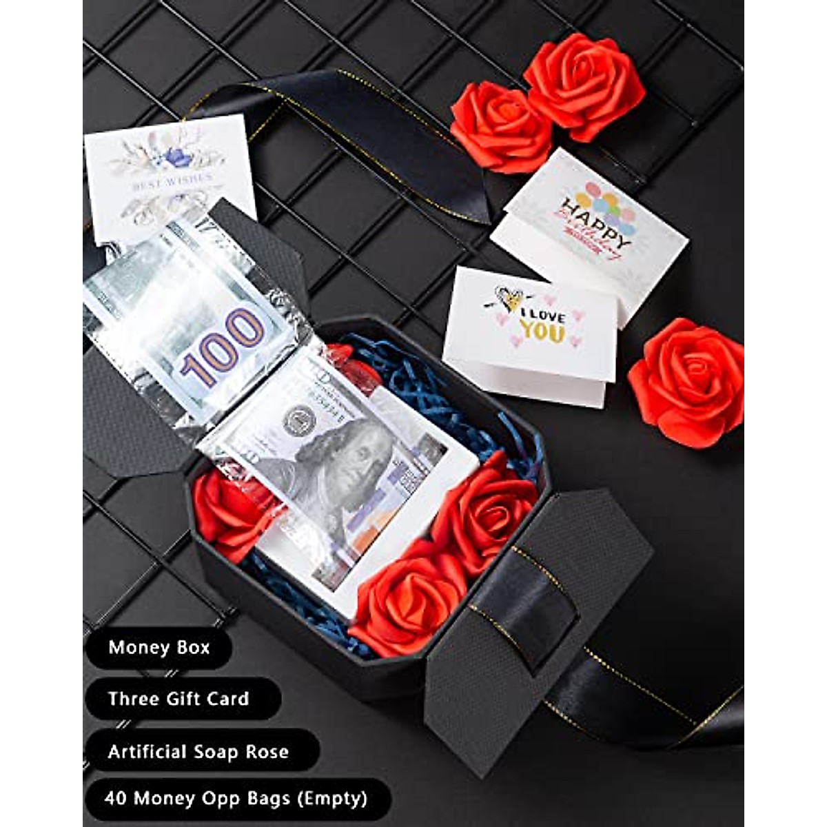 JSUPMKJ Money Pull Box for Cash Gift, Money Roll Gift Box with Flower, Ribbon Gift Box, Money Gift Box Pull for Birthday/Christmas/Valentine's Day (Black)