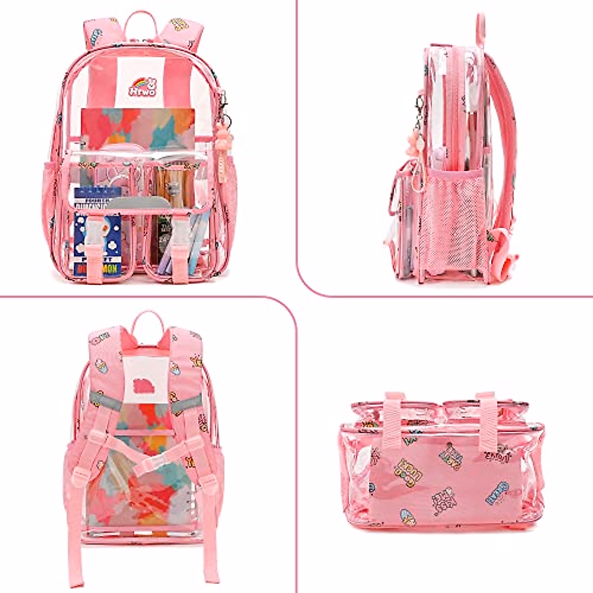 HTWO Clear Backpack for School, Backpacks for Girls, Passed CPSC Und Stadium Approved, Bookbag with Pendant (Pink)