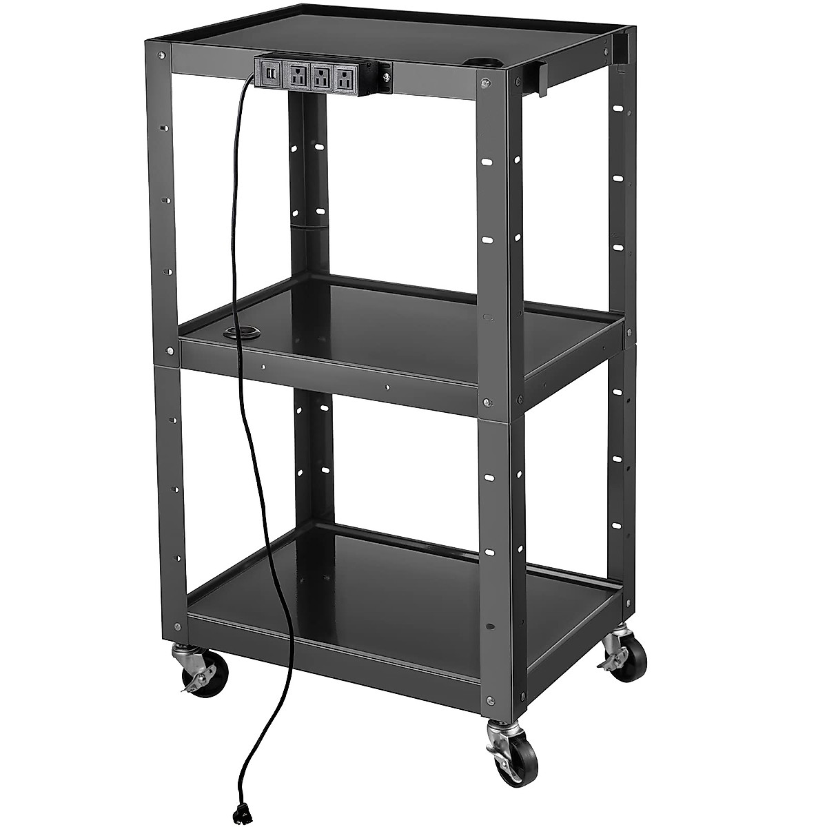 VEVOR Steel AV Cart, 24-42" Height Adjustable Media Cart with Electric Power Cord, 24 x 32 Presentation Cart with 3 Shelves, 150 LBS Rolling Projector Cart with and 2 Brakes Suitable for Load-Bearing
