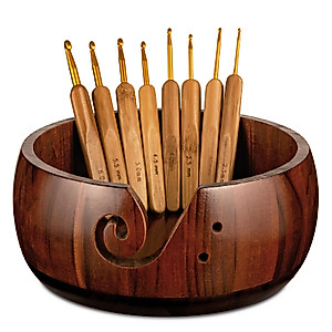 Wooden Yarn Bowl Holder, Craft Knitting Bowl with 8pcs Metal Crochet Hooks, 7.9''Large Yarn Holder Dispenser Yarn Storage Bowls, for Knitters & Crocheters (Brown 7.9 inch)