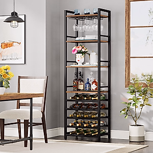 Tribesigns 20 Bottle Wine Bakers Rack, 9 Tier Freestanding Wine Rack with Glass Holder and Storage Shelves, Multi-Function Wine Bar Cabinet Bottle Holder for Kitchen, Dining Room, Rustic Brown