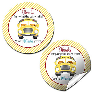 Go The Extra Mile Transportation Themed School Bus Driver Appreciation Thank You Sticker Labels, 40 2" Party Circle Stickers by AmandaCreation, Great for Envelope Seals & Gift Bags