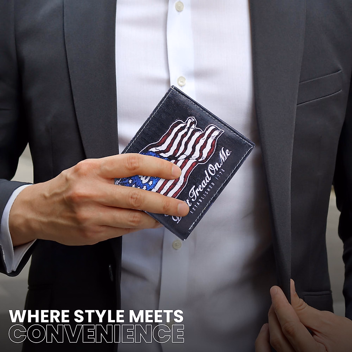 Li Bifold Wallet Handmade Vegan Leather Wallet - Don't Tread Flag Design Men Wallet Slim with top-flap 2 ID Windows, 7 cards, 2 side slots, 2 cash pockets - Timeless slim wallet with Gift Box