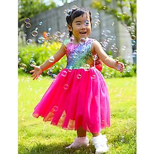 Cilucu Flower Girl Dress Baby Toddlers Sequin Dress Tutu Kids Party Dress Bridesmaid Wedding Gown Birthday Dress Rainbow Hot Pink 4T-5T