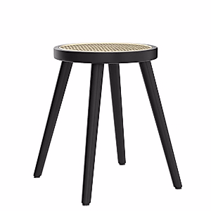 [PJ Collection] Natural Rattan Stool, Handcrafted Wood, Lightweight, Hand-Woven, No Tool Assembly (Round, Black)