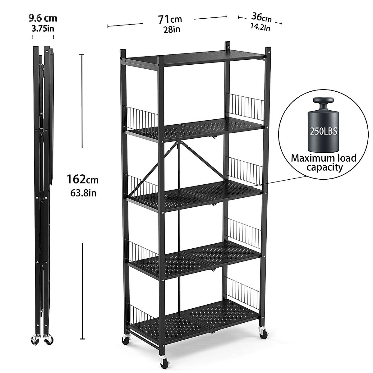 GUUVOR Shelf Collapsible/Foldable Heavy Duty Shelving Unit, Steel Organizer Wire Rack with Wheels, Rolling Cart, Home Kitchen Laundry Closet Storage (5-Tier)