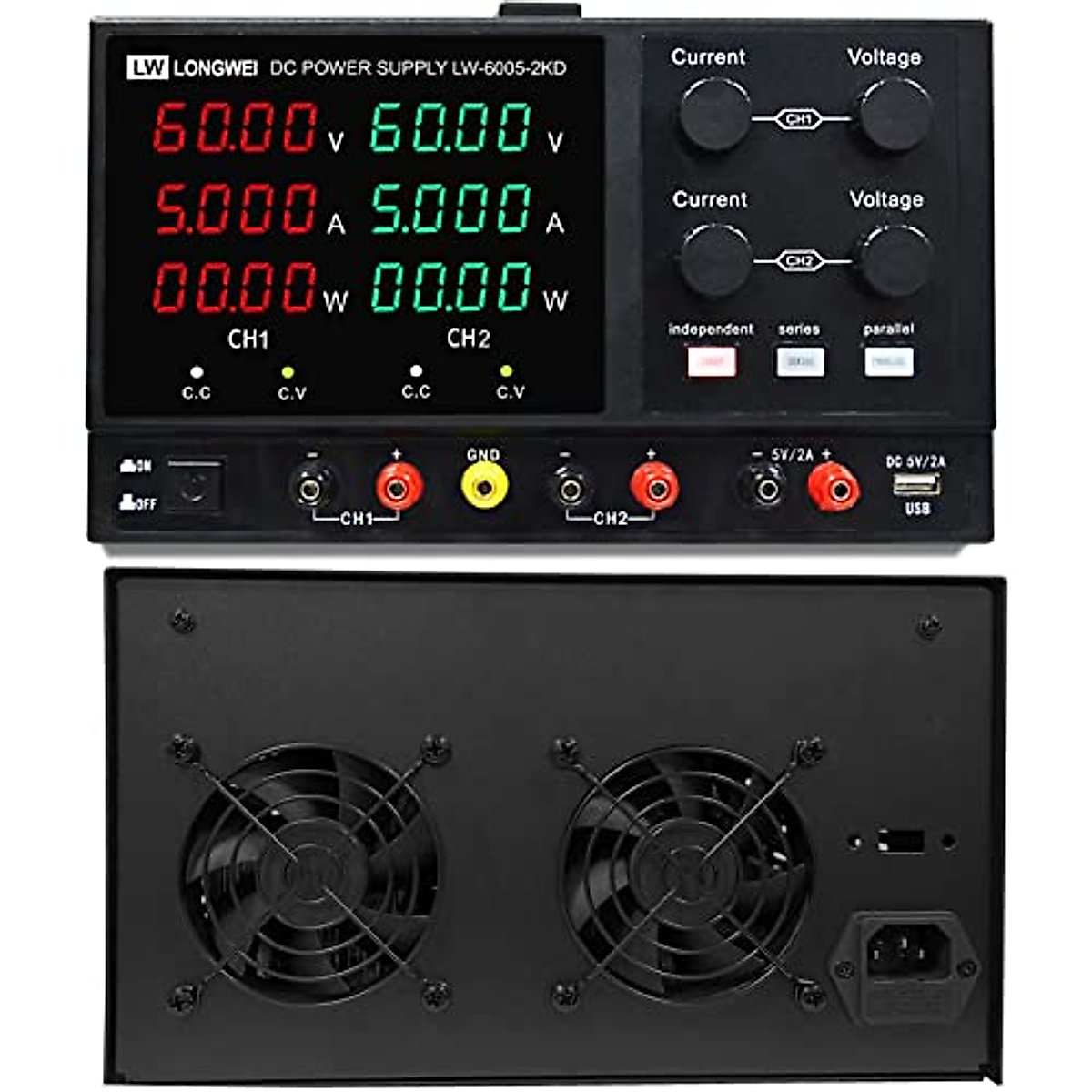 Lwlongwei 4 Channels DC Power Supply Variable, Tripple 60V 5A 2 * 300W Adjustable Switching Regulated DC Bench Power Supply with 4-Digits LED Power Display 5V/2A USB/DC Output Black