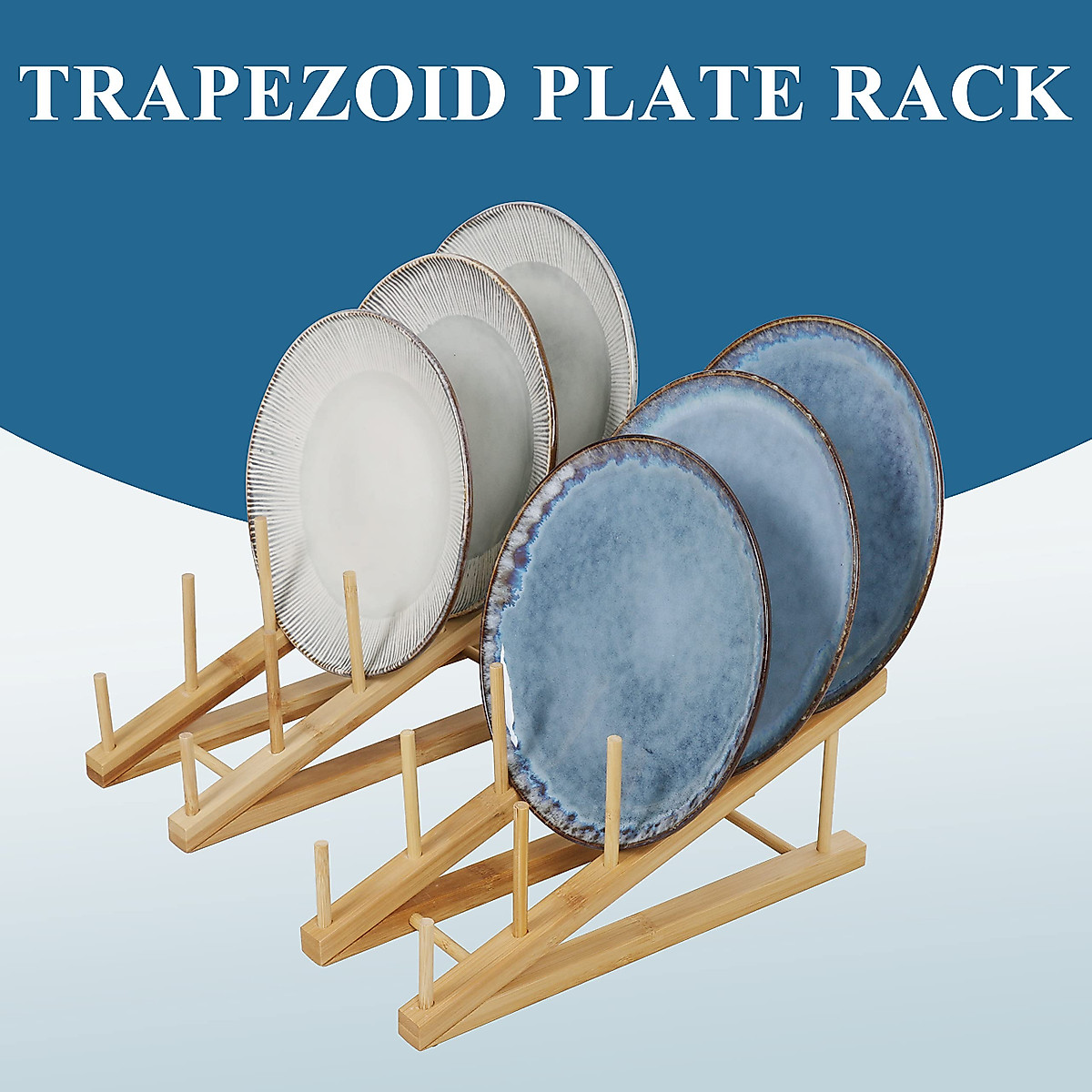 LOFTEY Dish Drying Rack | Wooden Plate Stand | Trapezoid Plate Organizer for Cabinet and Countertop | Bamboo Organizer for Plate,Bowl,Cup,Book,Cards | 2PCS