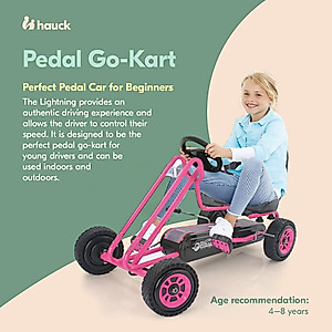hauck Lightning Ride On Pedal Go Kart Toy with Ergonomic Adjustable Bucket Seat, Handbrake, and Sharp Handling for Boys and Girls, Pink