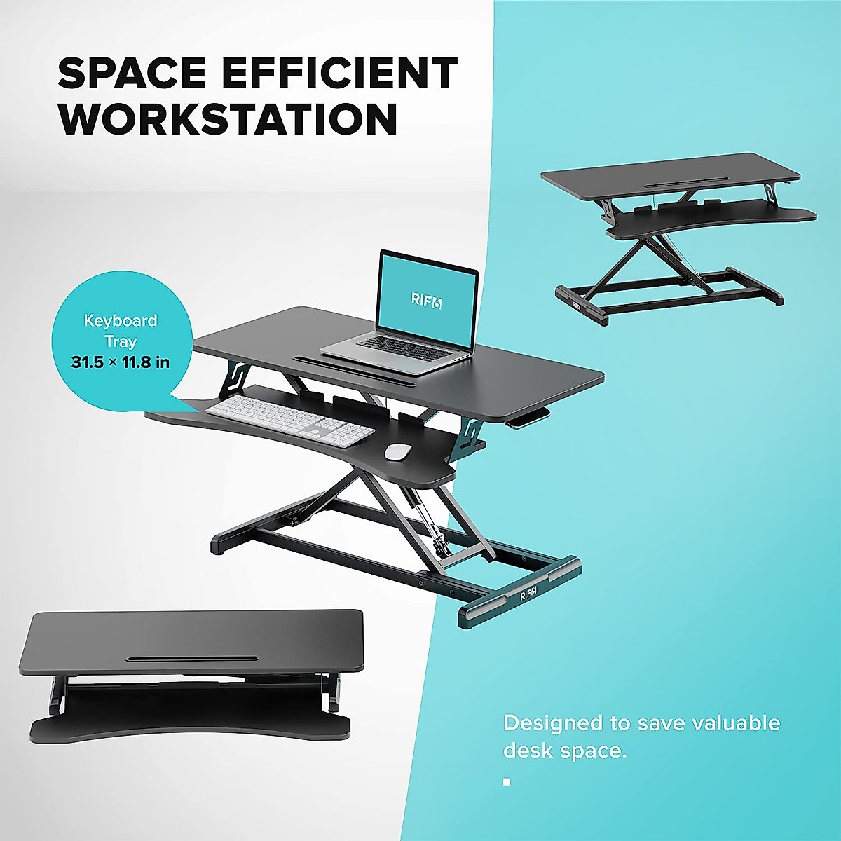 RIF6 34 Inch Convertible Standing Desk – Desk Riser with Customizable Height Settings – Sit to Stand with Spring Assisted Handle – Comes with Tablet and Phone Holder – Black