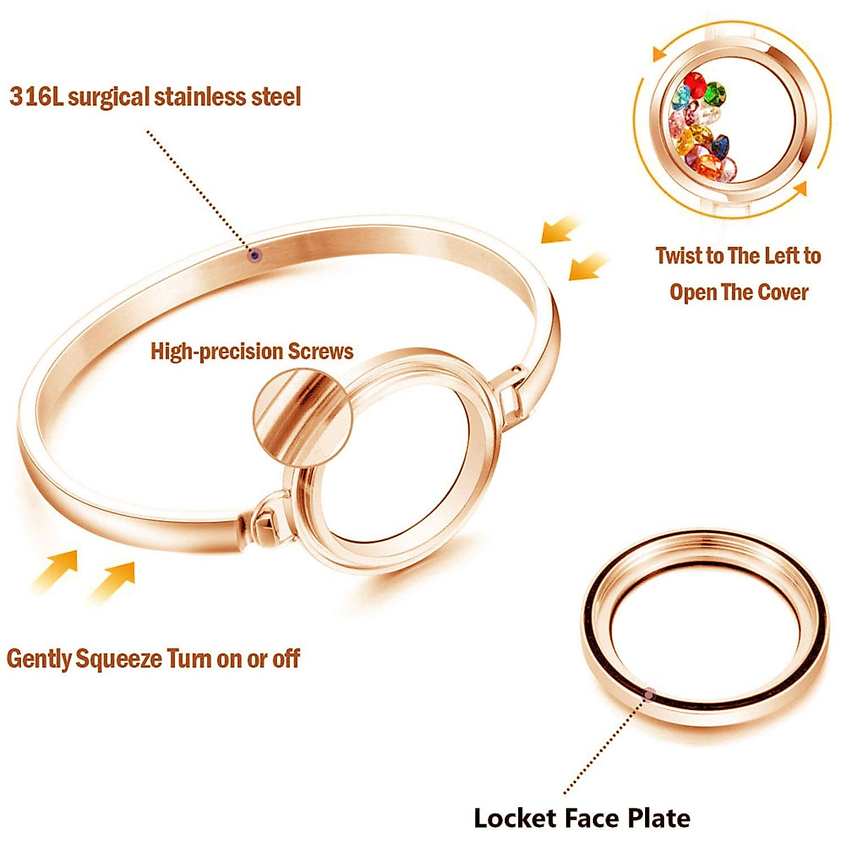 BG247 Stainless Steel 30mm Glass Floating Memory Living Locket Bangle Bracelet (Rose Gold Rhinestone Circle, 8)