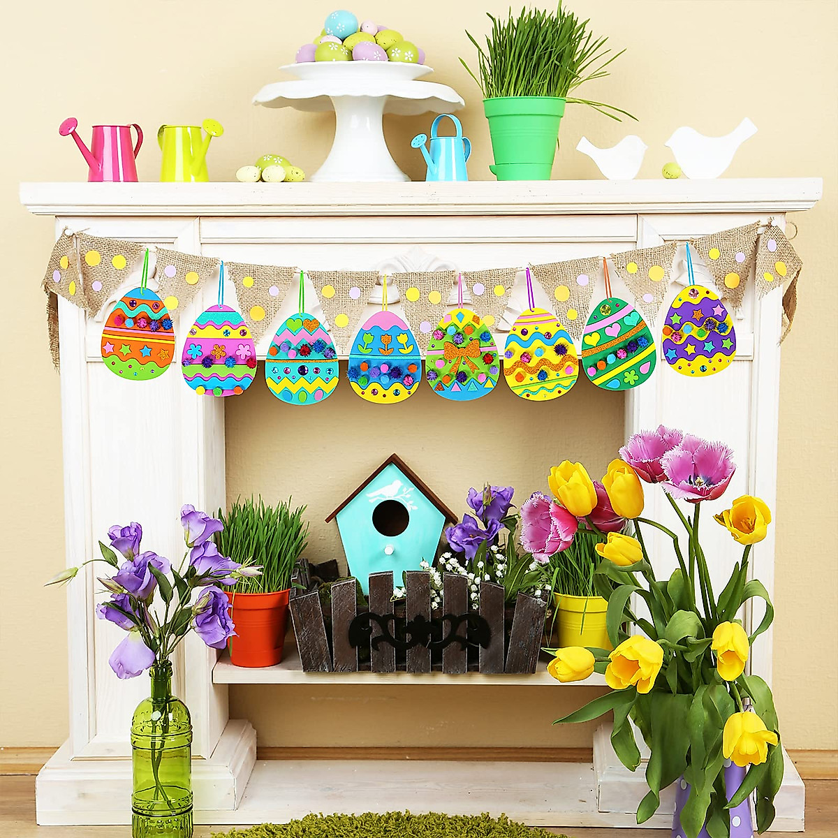 24 Sets Easter Egg Ornaments Decorations DIY 3D Easter Craft Kits Assorted Egg Shaped Foam Cutouts Easter Foam Stickers Pom-poms for Kids Party Favors Easter Spring Classroom Activity Art Project