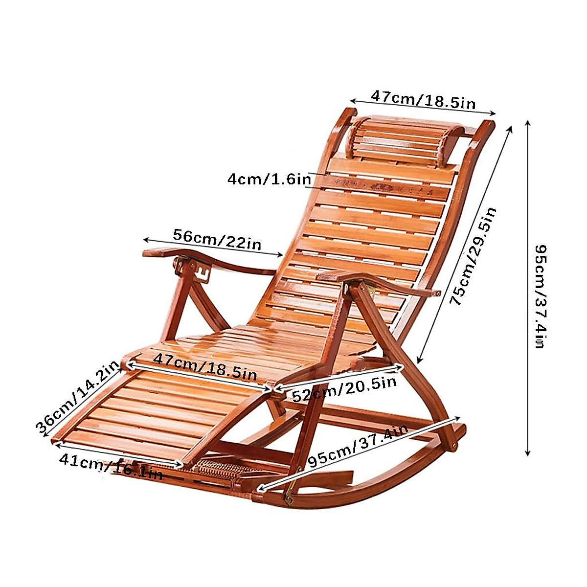 MOOTEK Folding Bamboo Rocking Chair, Old Man Lunch Break Solid Wood Lounge Chair, 5 Adjustable Back Chairs, with Armrest Foot Massage Pillow, Portable Outdoor Beach Terrace Chair