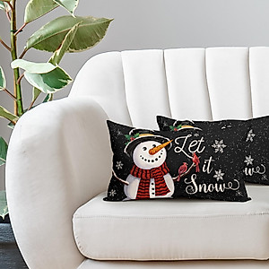 Let it Snow Christmas Black Lumbar Pillow Covers 12X20 Inch Xmas Snowman Snowflake Decorative Rectangle Pillow Cases Set of 2 Winter Holiday Home Decor Cotton Linen Throw Pillows For Couch Outdoor