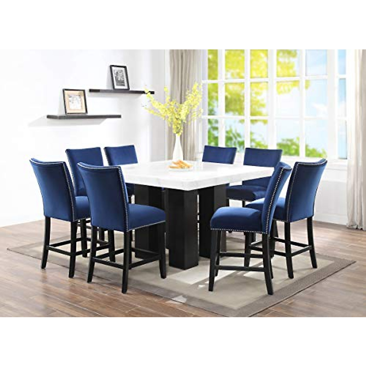 Camila Marble Top Square 9-Piece Counter Height Dining Set Blue Velvet