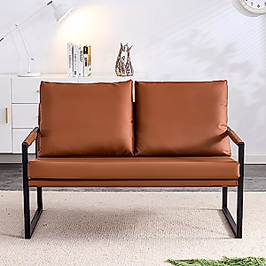 FANYE Modern Upholstered 2 Seaters Soft Love, Accent Deep Seat Loveseat Double Sofa & Couch for Home Office Apartment Small Space Living Room Furniture Set Sectional, Brown PU Leather 48" W