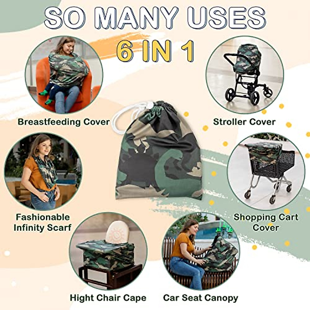 Busy Monkey Breastfeeding Nursing Cover Camouflage - Multi Use Car Seat Canopy Shopping Cart High Chair Stroller and Carseat Covers for Boys Girls Infinity Stretchy Shawl Baby Shower Dino Camo