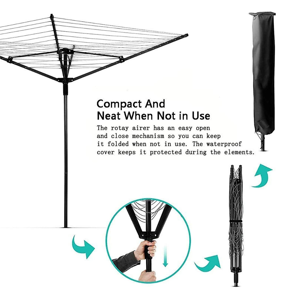 E-DONG Rotary Washing Line Cover, Waterproof Rotary Airer Cover Heavy Duty 210D Oxford Fabric Rotary Dryer Cover with Zip Rotary Clothes Line Cover, Anti-UV, Rip-Proof 168x30x30cm Black