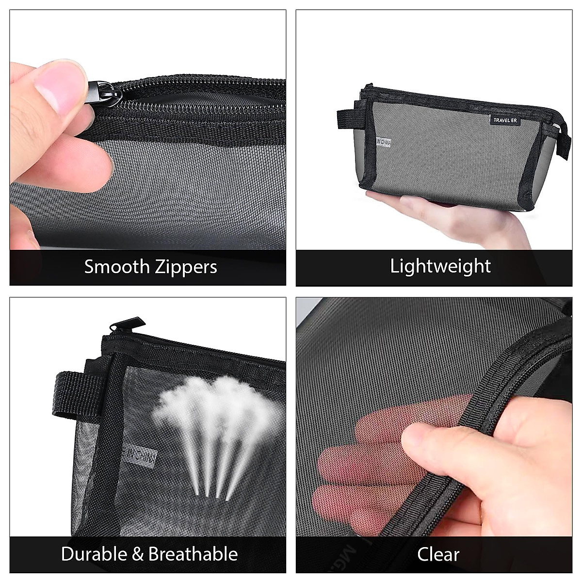 2-Pack Grid Mesh Pencil Case with Handle and Zipper, Double Layer Clear Large Capacity Pencil Pouch, Travel Makeup Bag and Small Toiletry Bag for Purse, College Essentials School Supplies (Black)