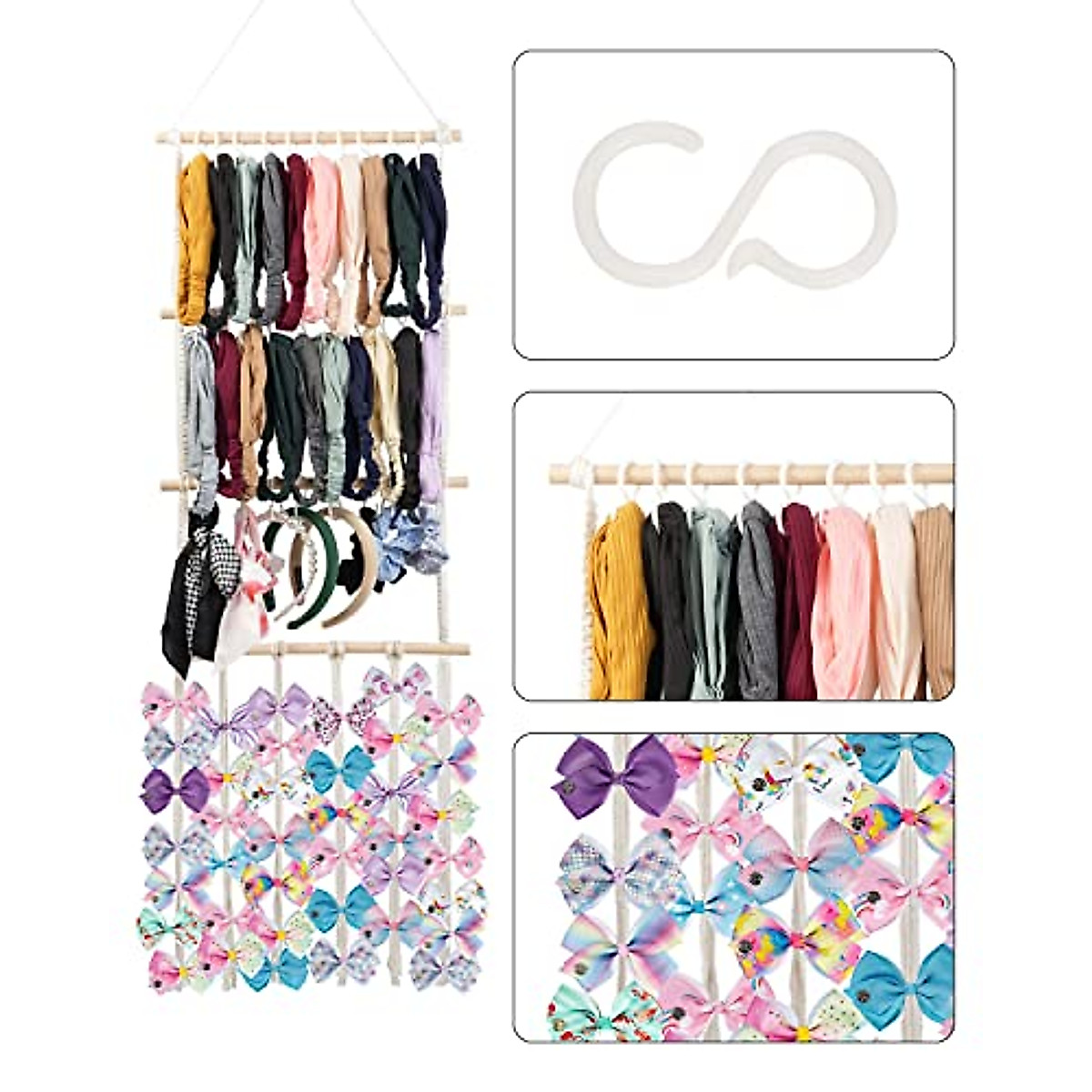 MoHern Headband Bow Holder Organizer for Girls, Baby Hair Bows Hanger with 30 Hooks, Hair Clip Accessories Storage Macrame Rack Boho Wall Hanging Decor for Nursery Room