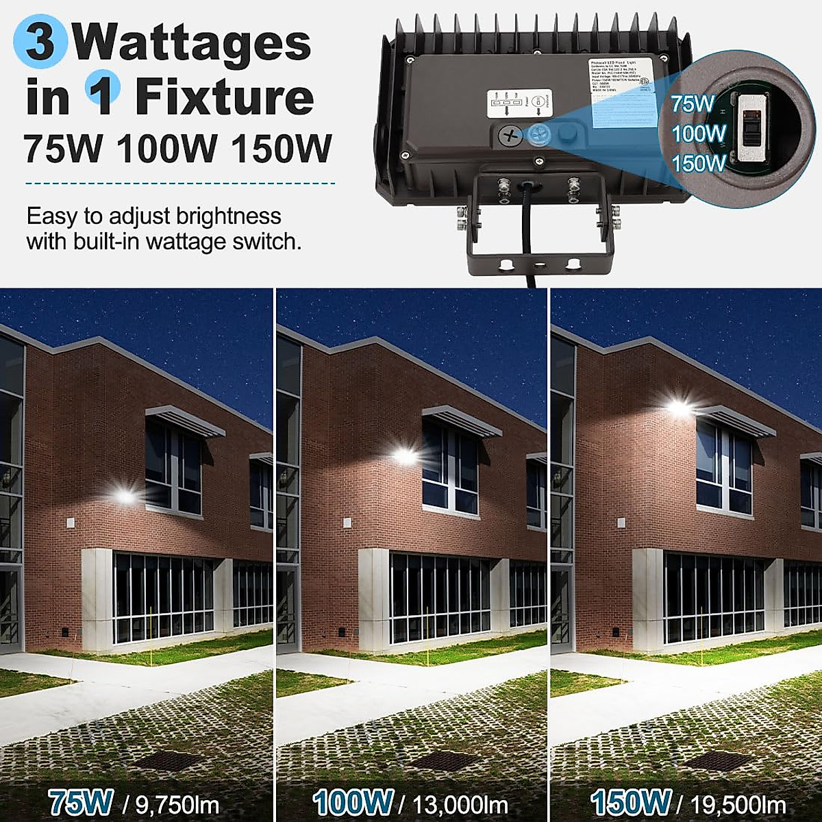 Xbuyee 150W LED Flood Light with Dusk-to-Dawn Photocell, 130lm/W 5000K Daylight 100-277V IP65 Waterproof, 150W-100W-75W Adjustable, LED Parking Lot Light with Trunnion Mount, ETL